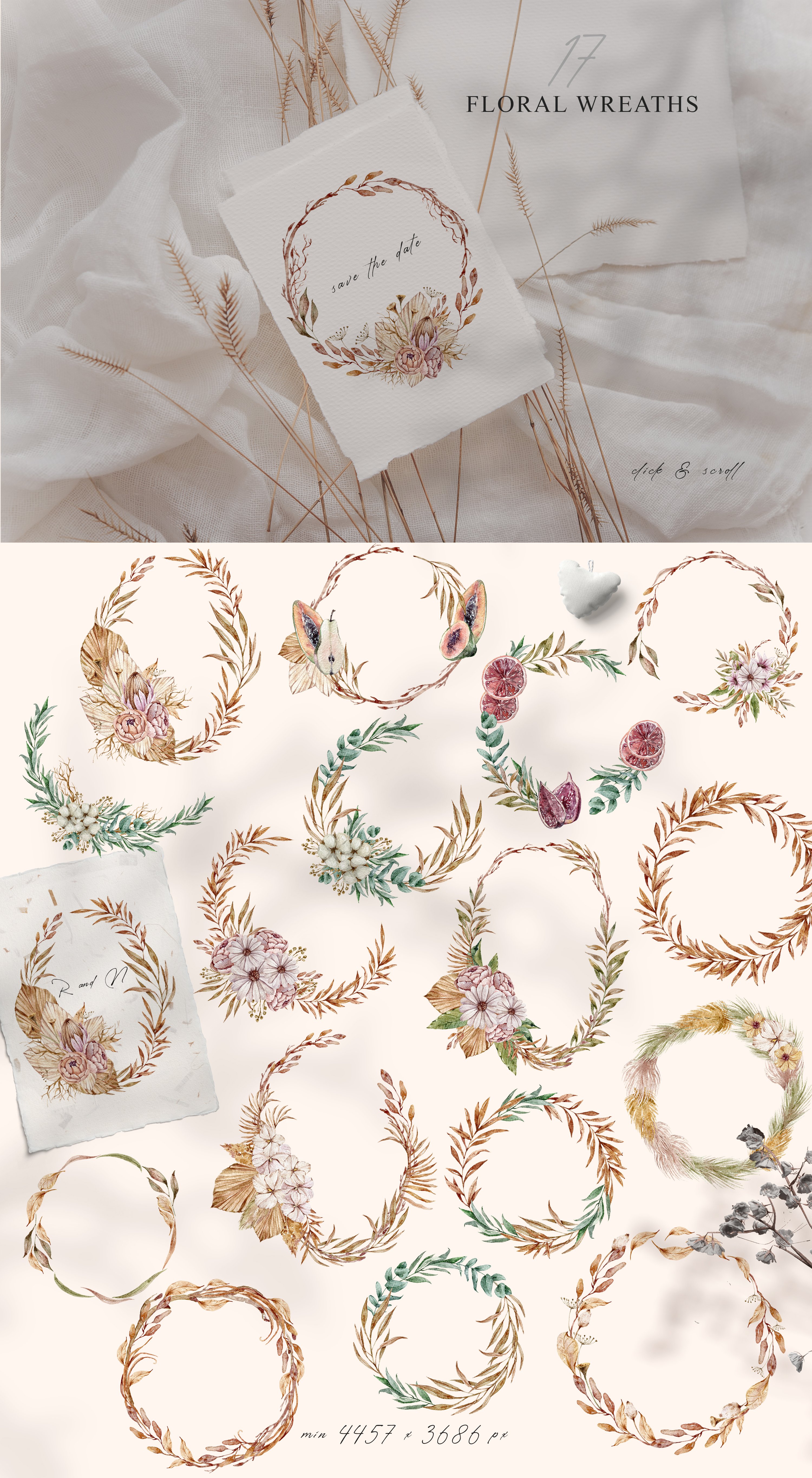 Watercolor bohemian floral wreath clipart- 17 png files