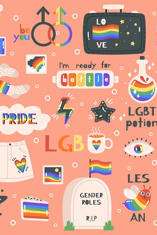 Cute pride symbols. Hand drawn lgbtq pride rainbow, peace si