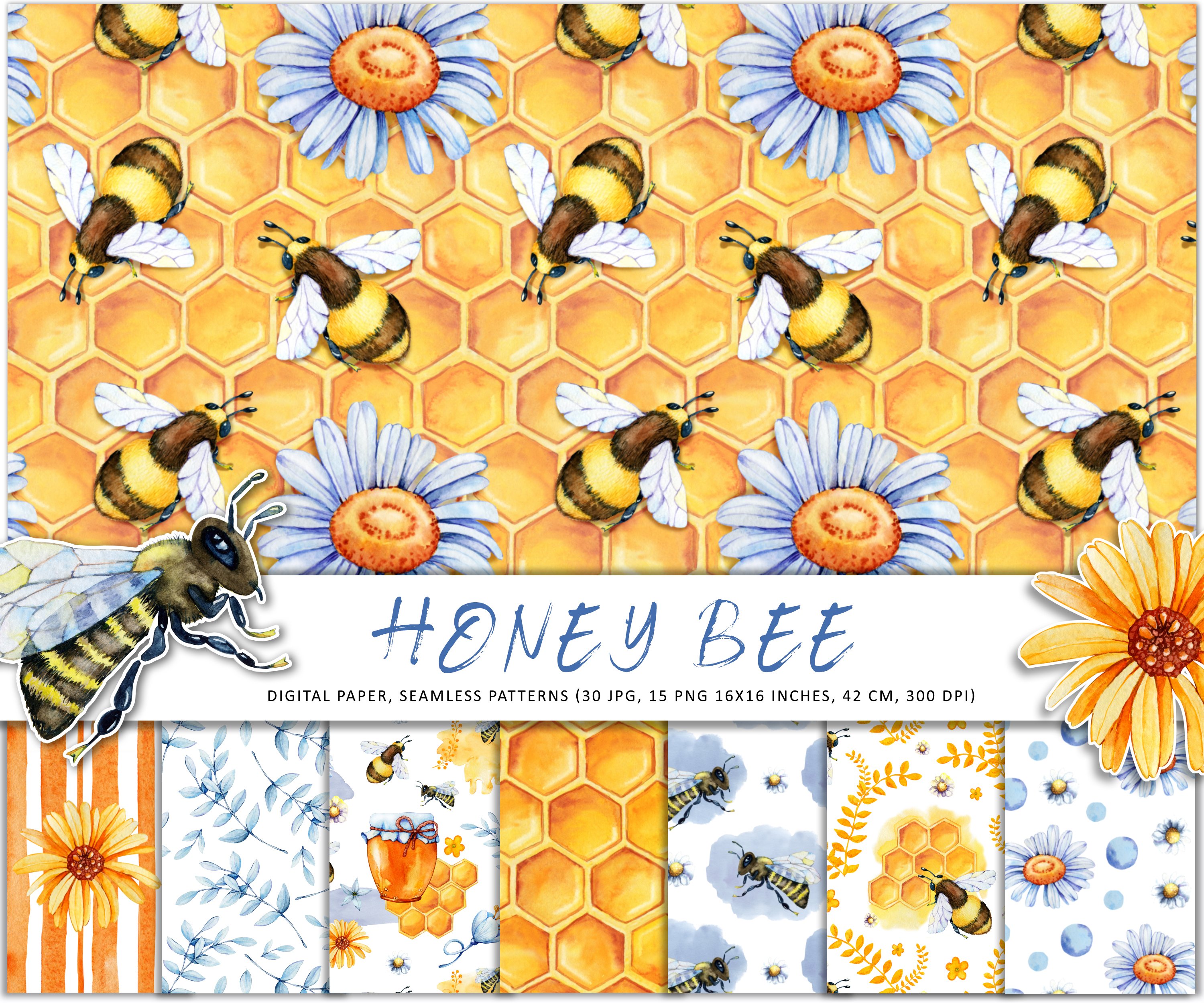 Watercolor digital paper Honey bee, wasp, (1206135)