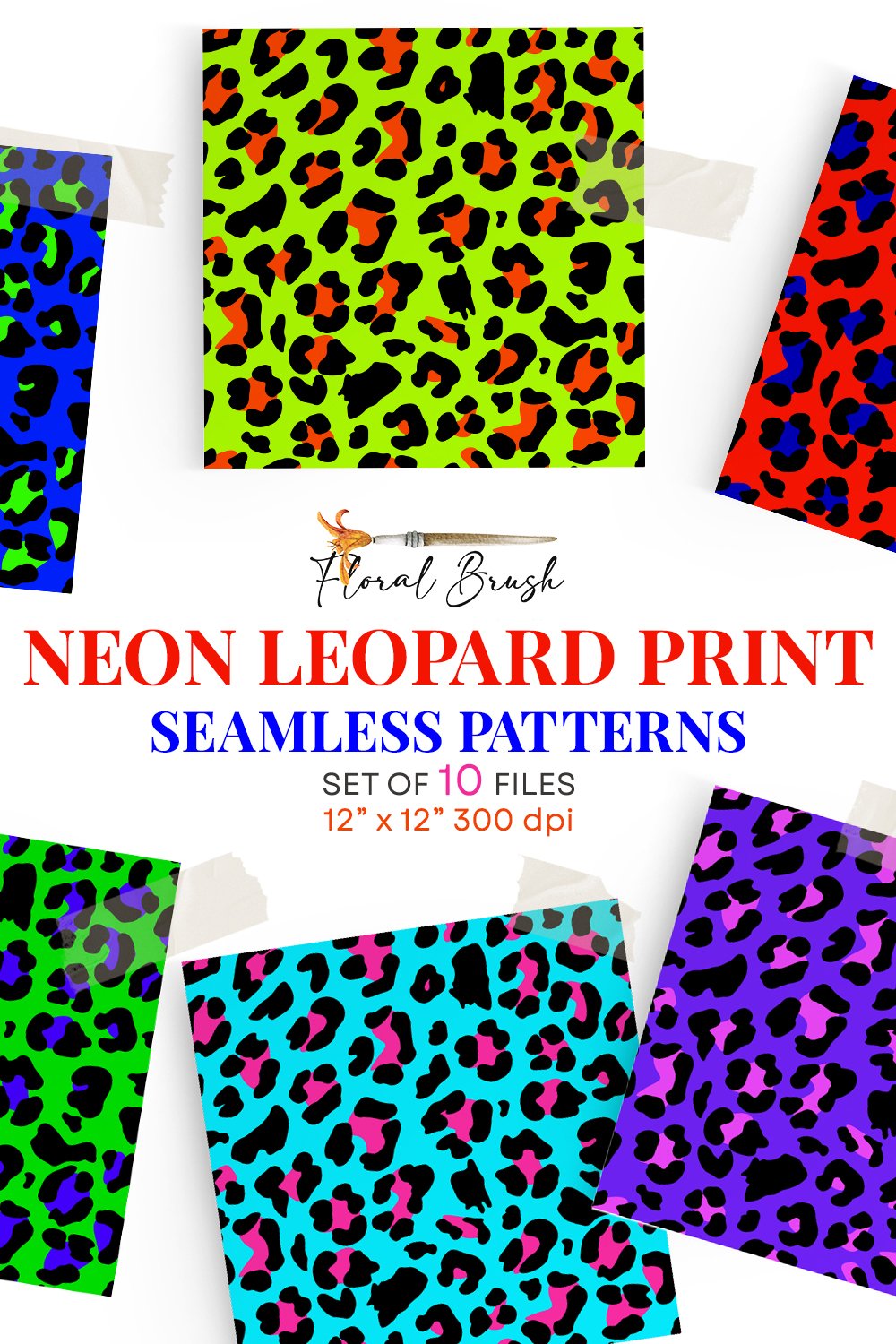 Neon Leopard Print Seamless Pattern Set, JPG PNG SVG EPS