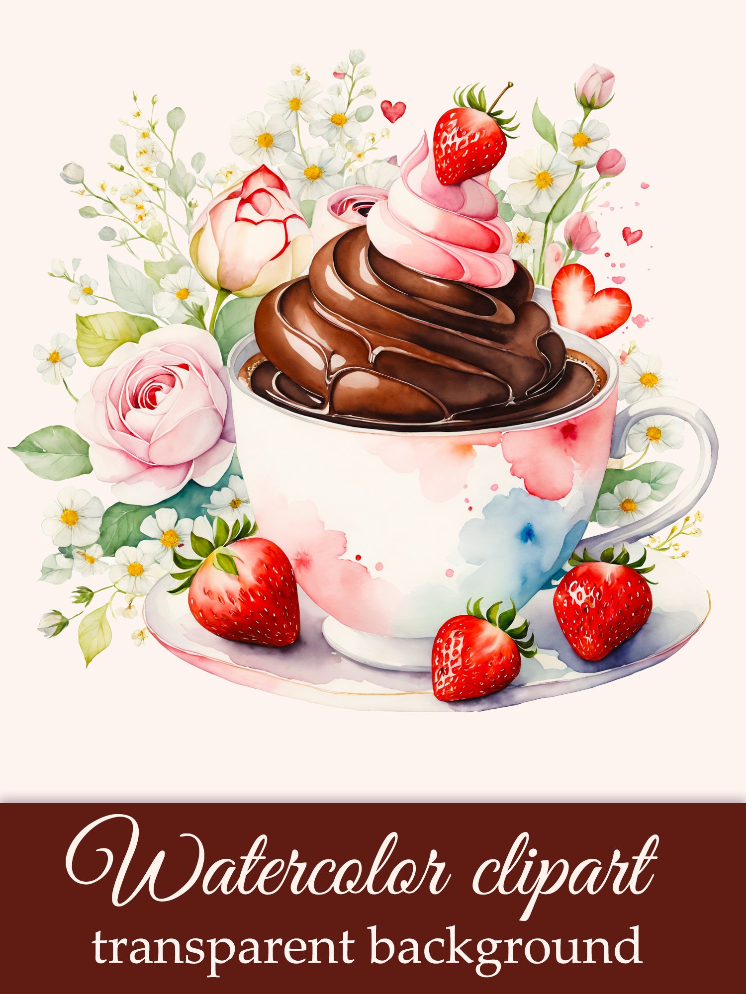 Watercolor coffee cup with hearts and chocolate, clipart Png