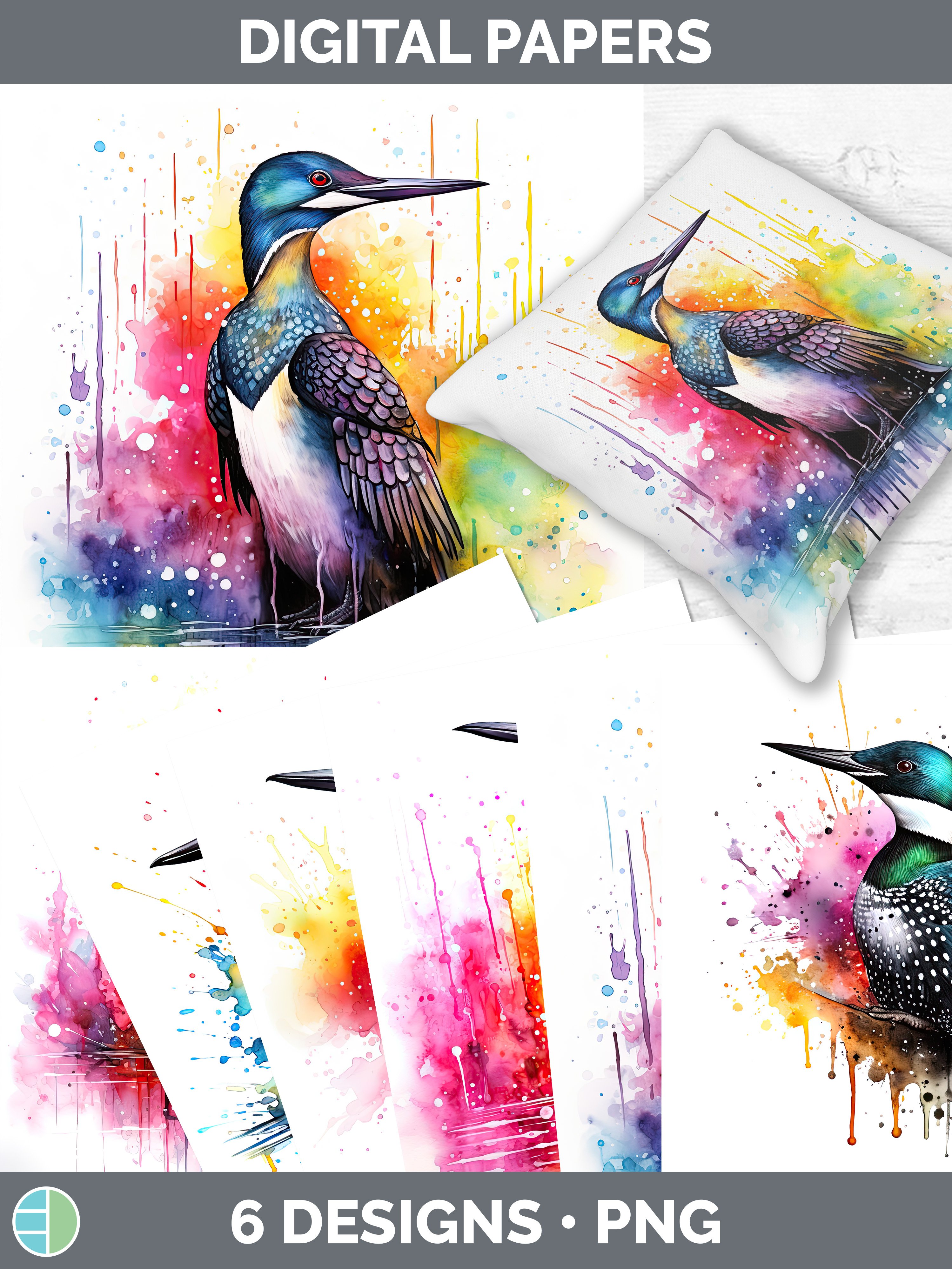 Rainbow Common Loon Bird Paper Backgrounds | Digital Scrapbo