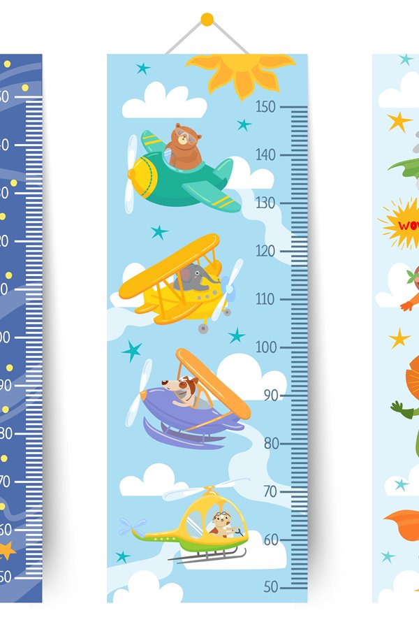 Kids height chart. Cartoon wall ruler for children with anim