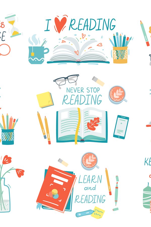 Books collection. Hand drawn lettering books concept, pile