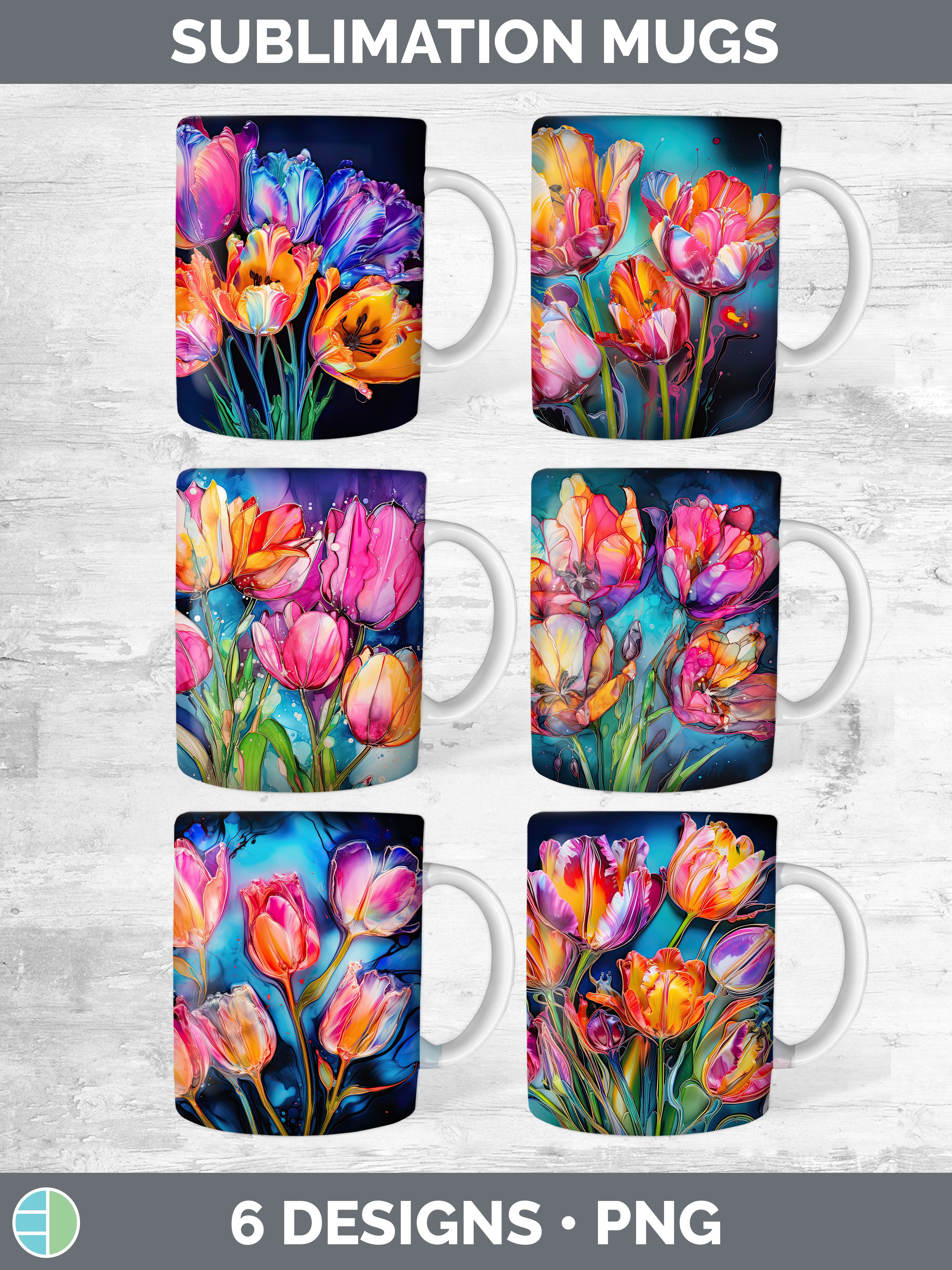 Neon Tulip Flowers Mug Wrap | Bundle Coffee Cup Designs