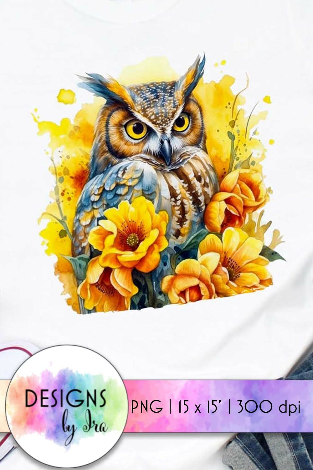 Owl with Yellow Flowers Sublimation | Watercolour Owl Print