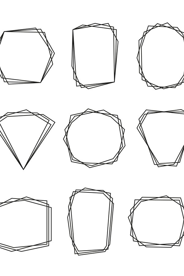 Black polygonal frames. Crystal shapes, frame polygon elemen