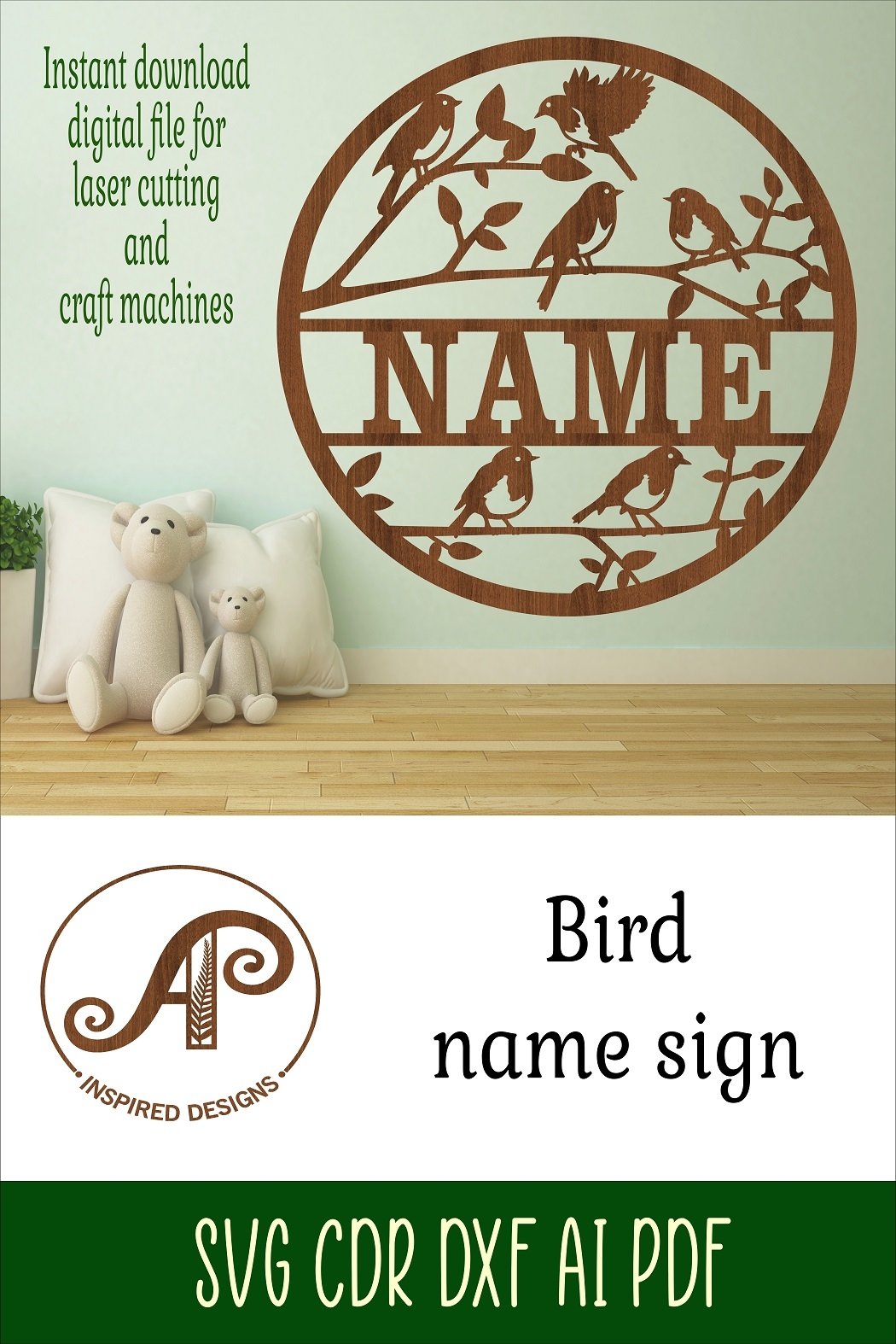Bird theme name sign svg laser cut template