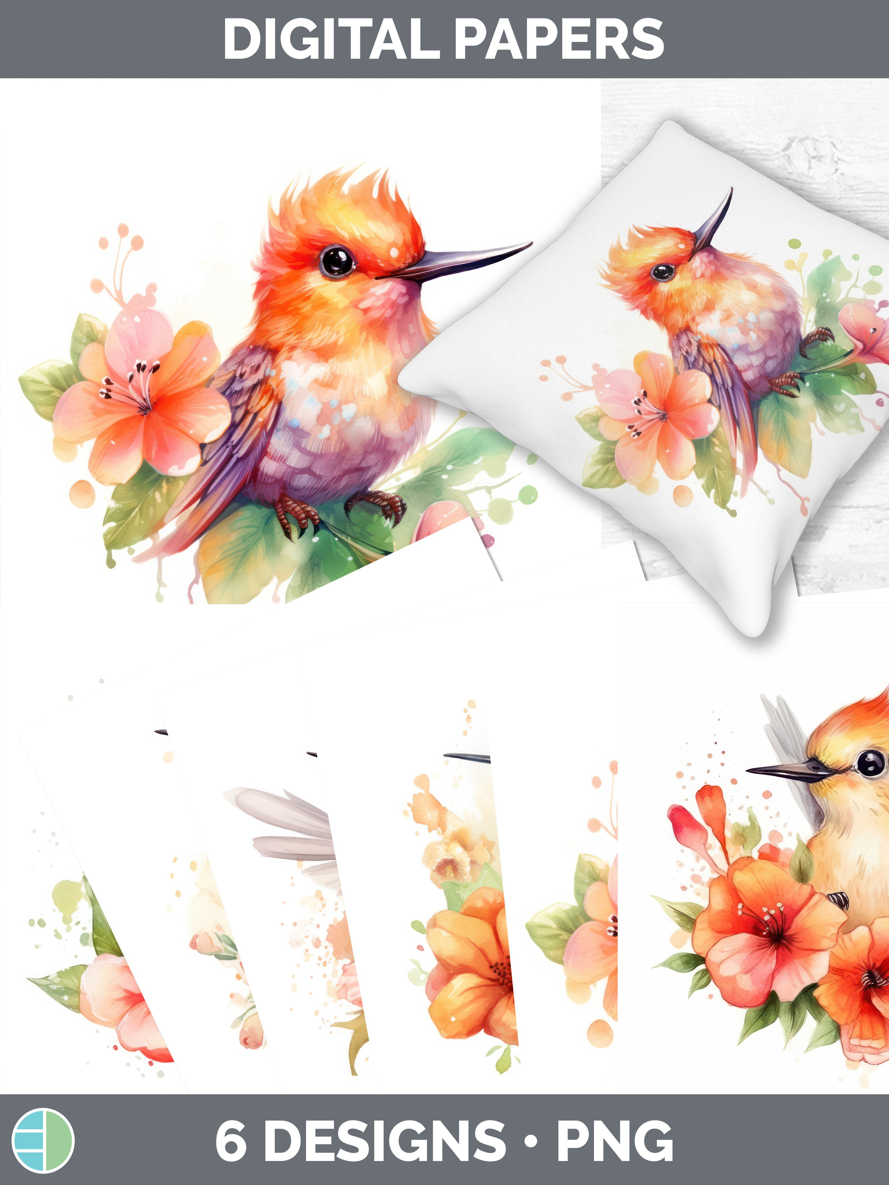 Watercolor Floral Hummingbirds Paper Backgrounds | Digital S