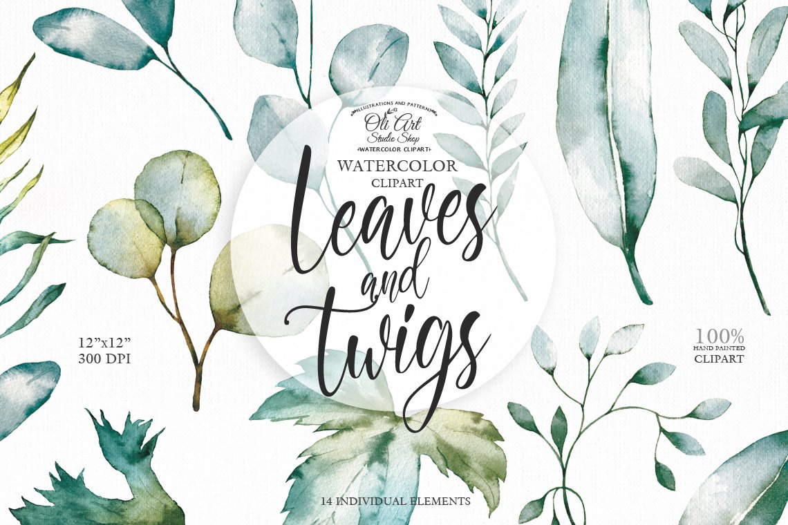 Watercolor of clipart green leaves