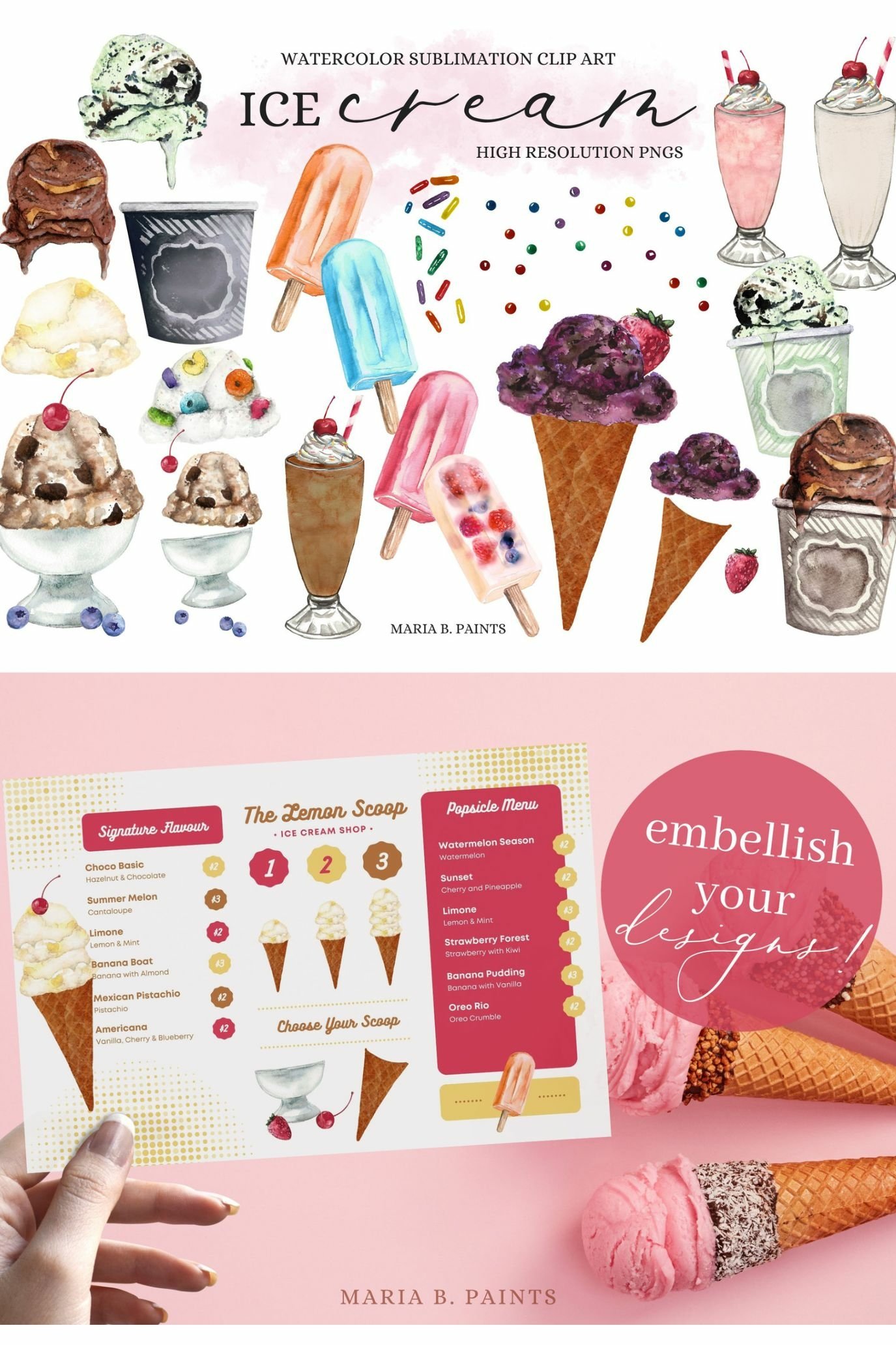 Ice Cream Clipart Watercolor Popsicles Milkshake Dessert Art