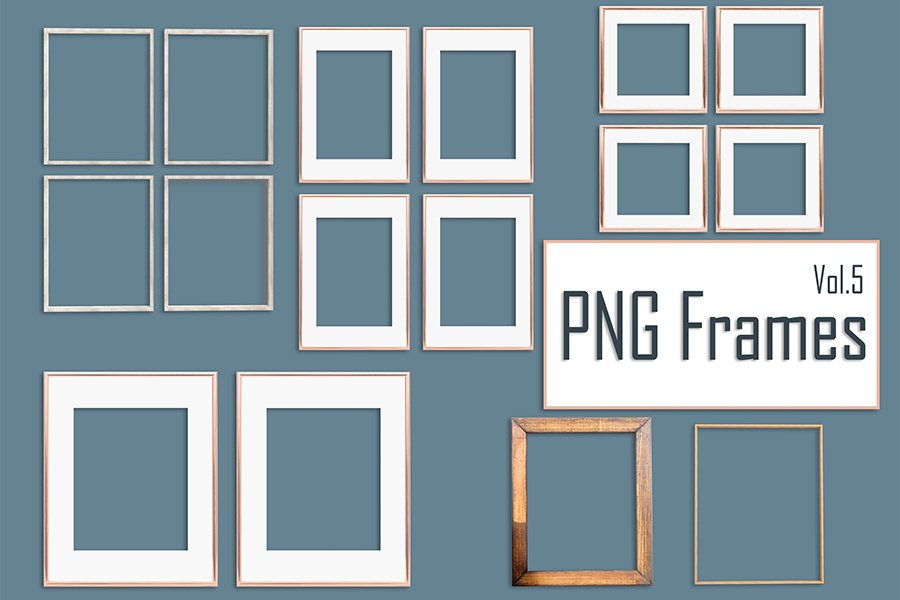 PNG Digital Frame Bundle, 6 PNG Wooden and Gold Frames Set