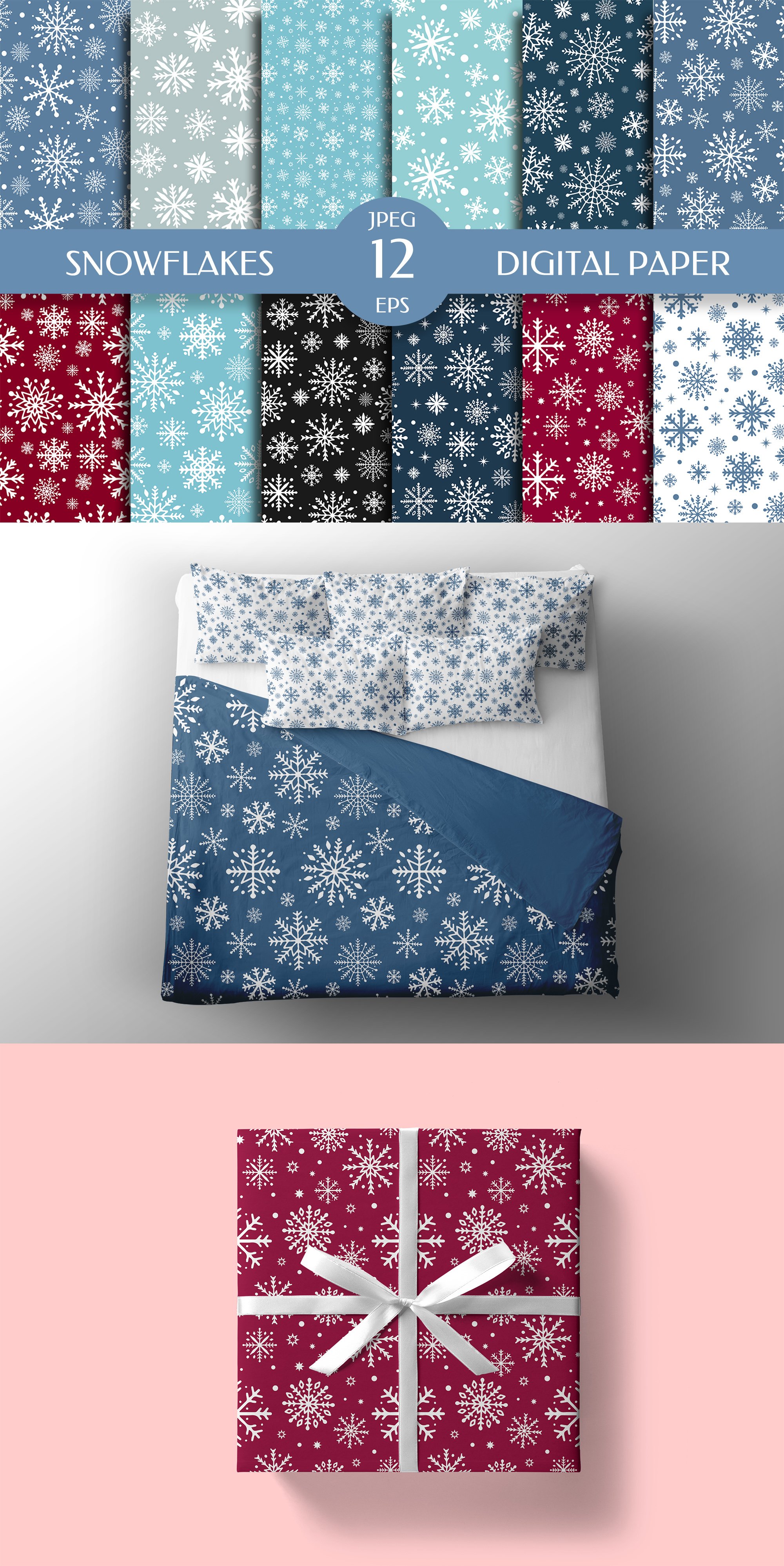 Winter Digital Paper Bundle. Snowflakes Seamless Patterns