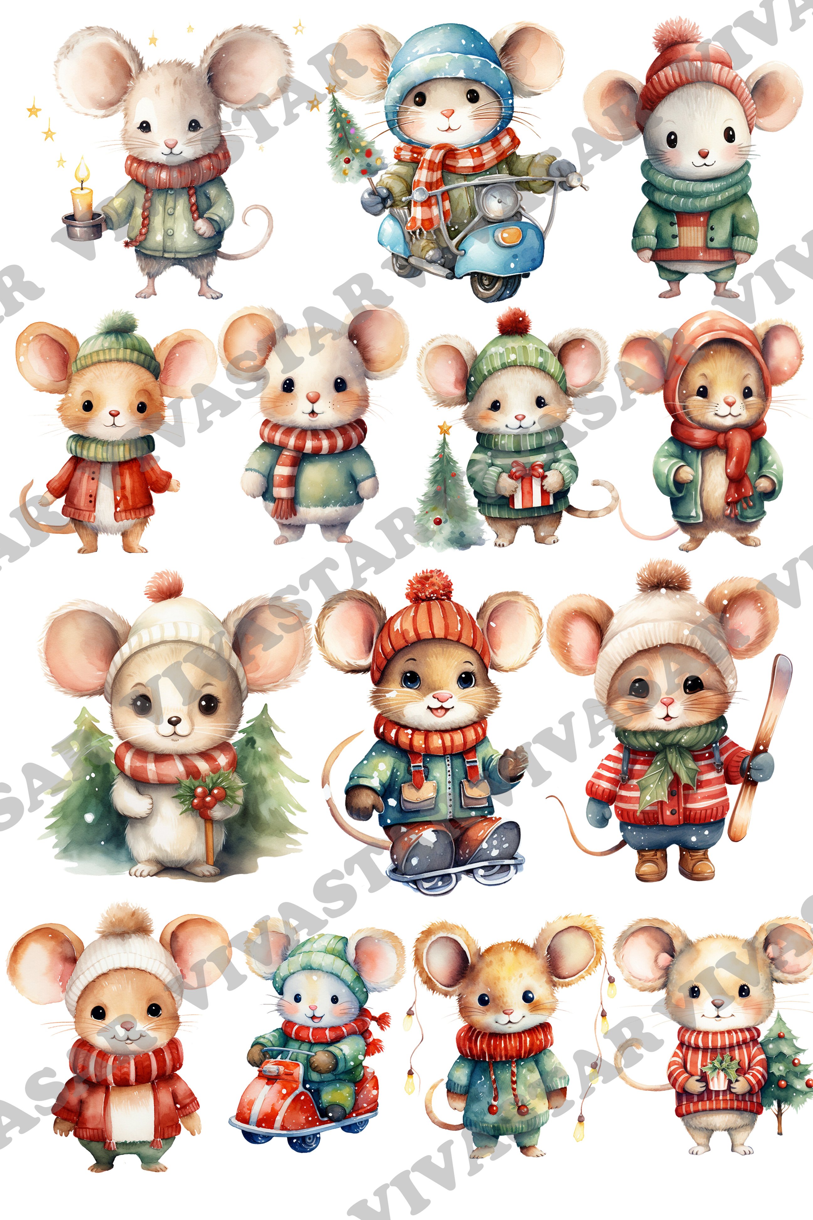 Christmas clipart,CuteLittle mouse clipart Dressed animals