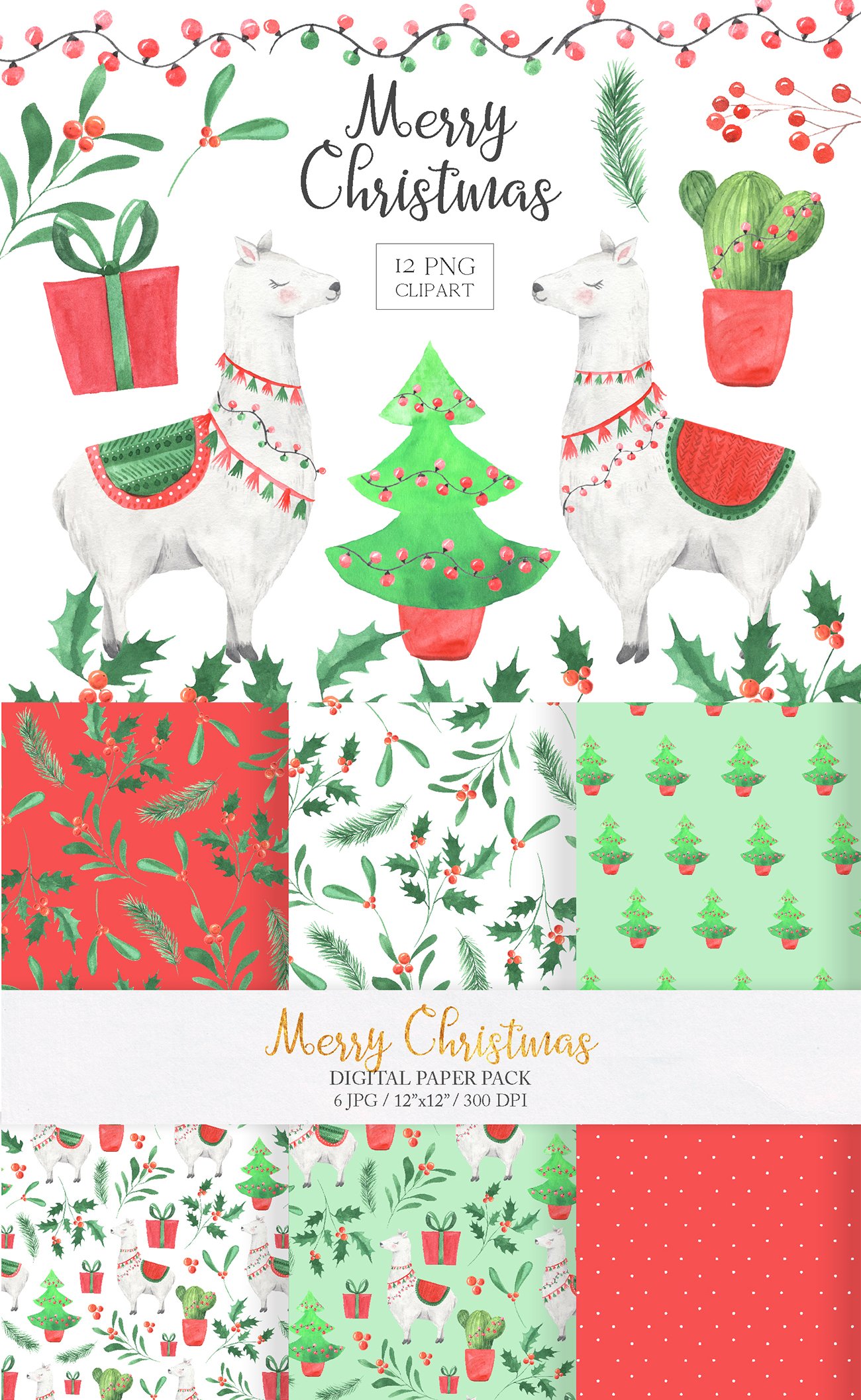 Watercolor Christmas Llamas Clipart and Digital Papers