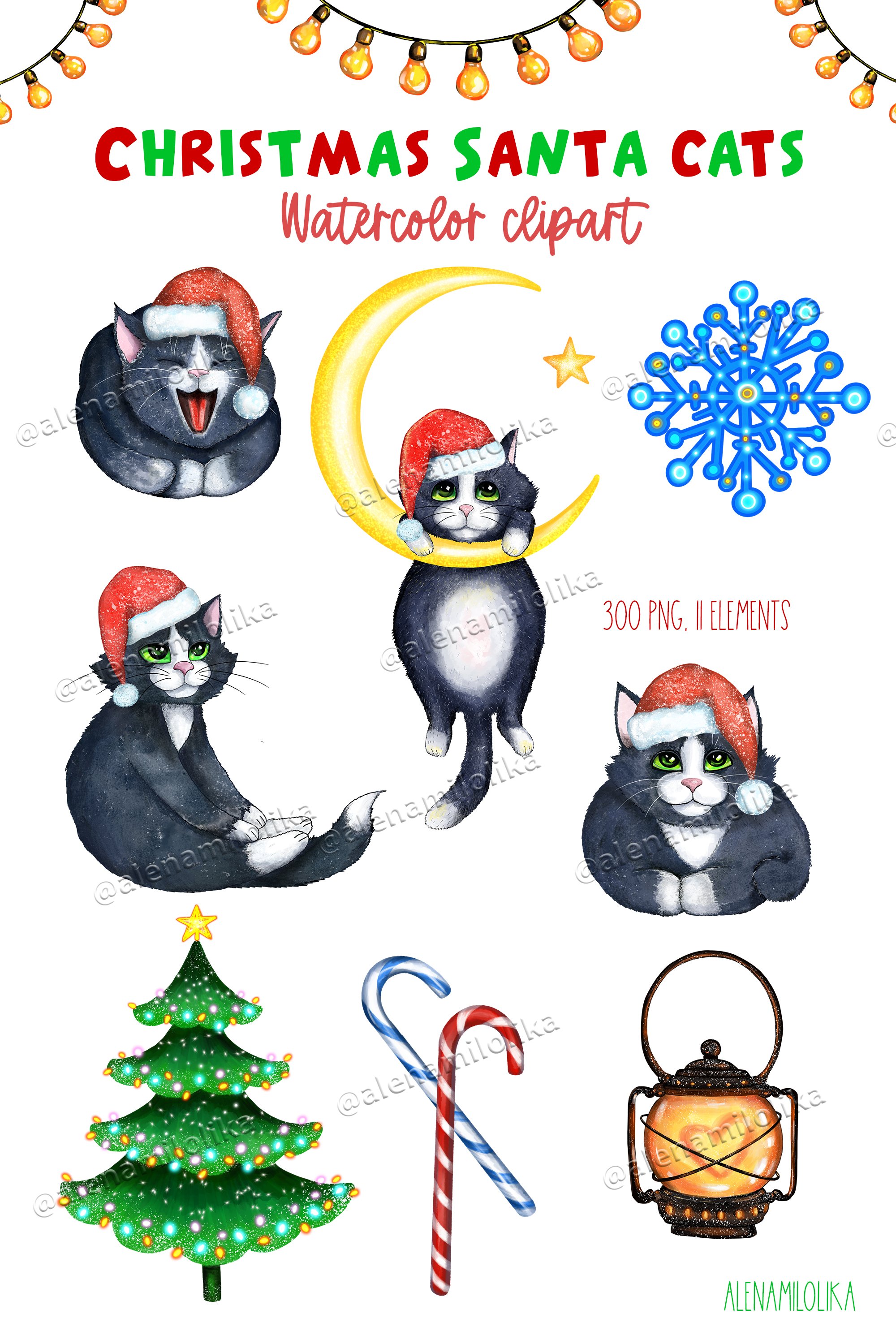 Watercolor Christmas cats Santa clipart. Cute (1634110)