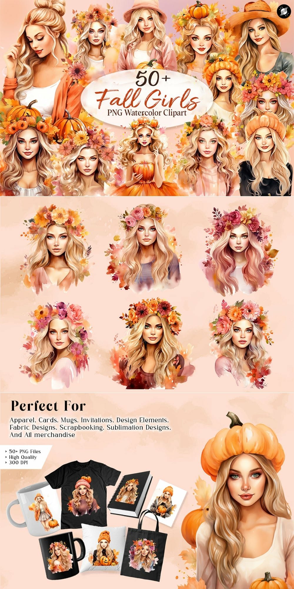 Fall Girls PNG Watercolor Clipart, Fall Girl Sublimation