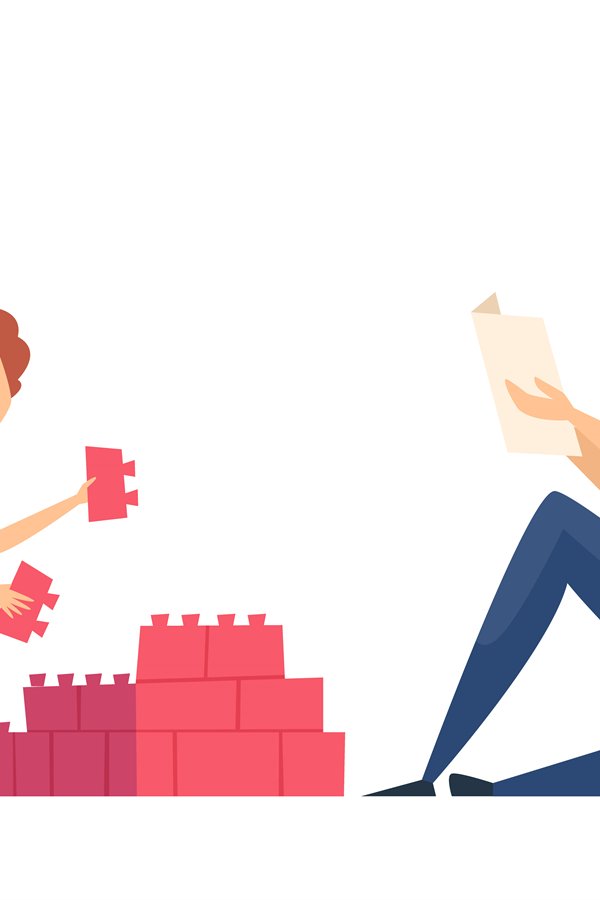 Father and son. Man play with boy, people assemble construct