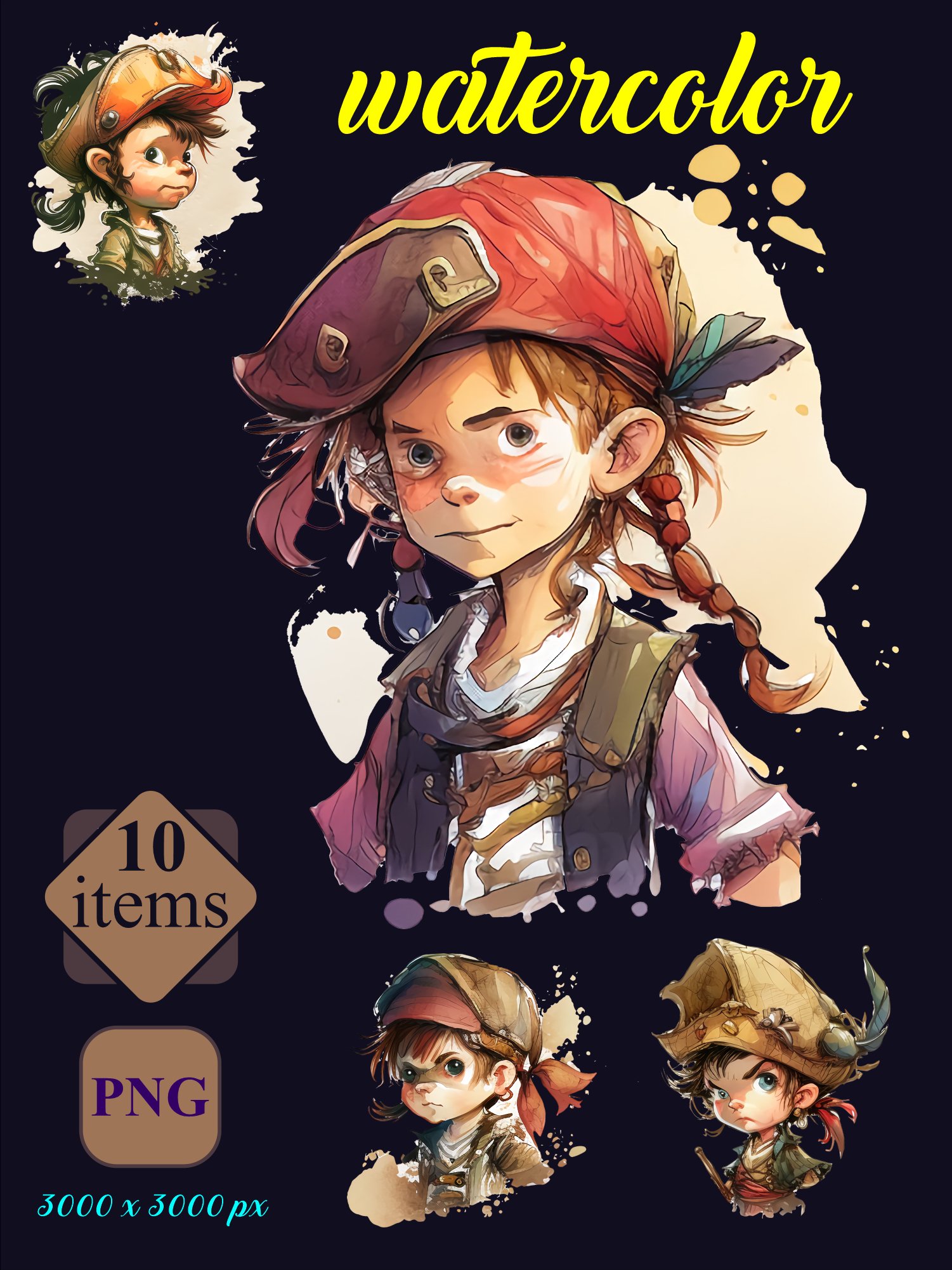 Kids Pirates Watercolor Pirate Clipart PNG Sublimation