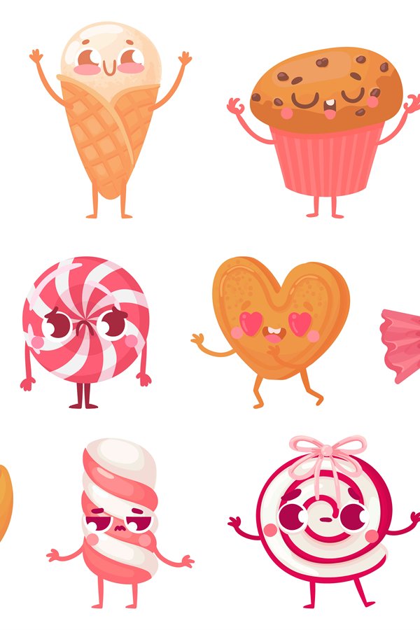 Cute sweets. Happy cupcake mascot, funny sweet candy charact