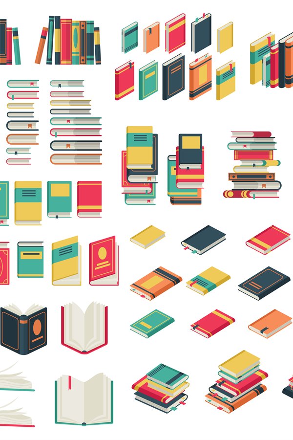 Flat books set. Book school library publishing dictionary te