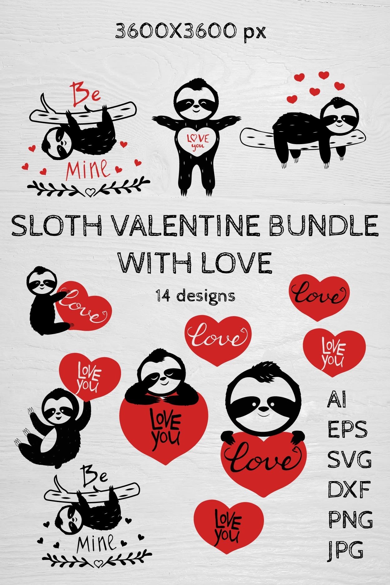SLOTH VALENTINE BUNDLE SVG With love