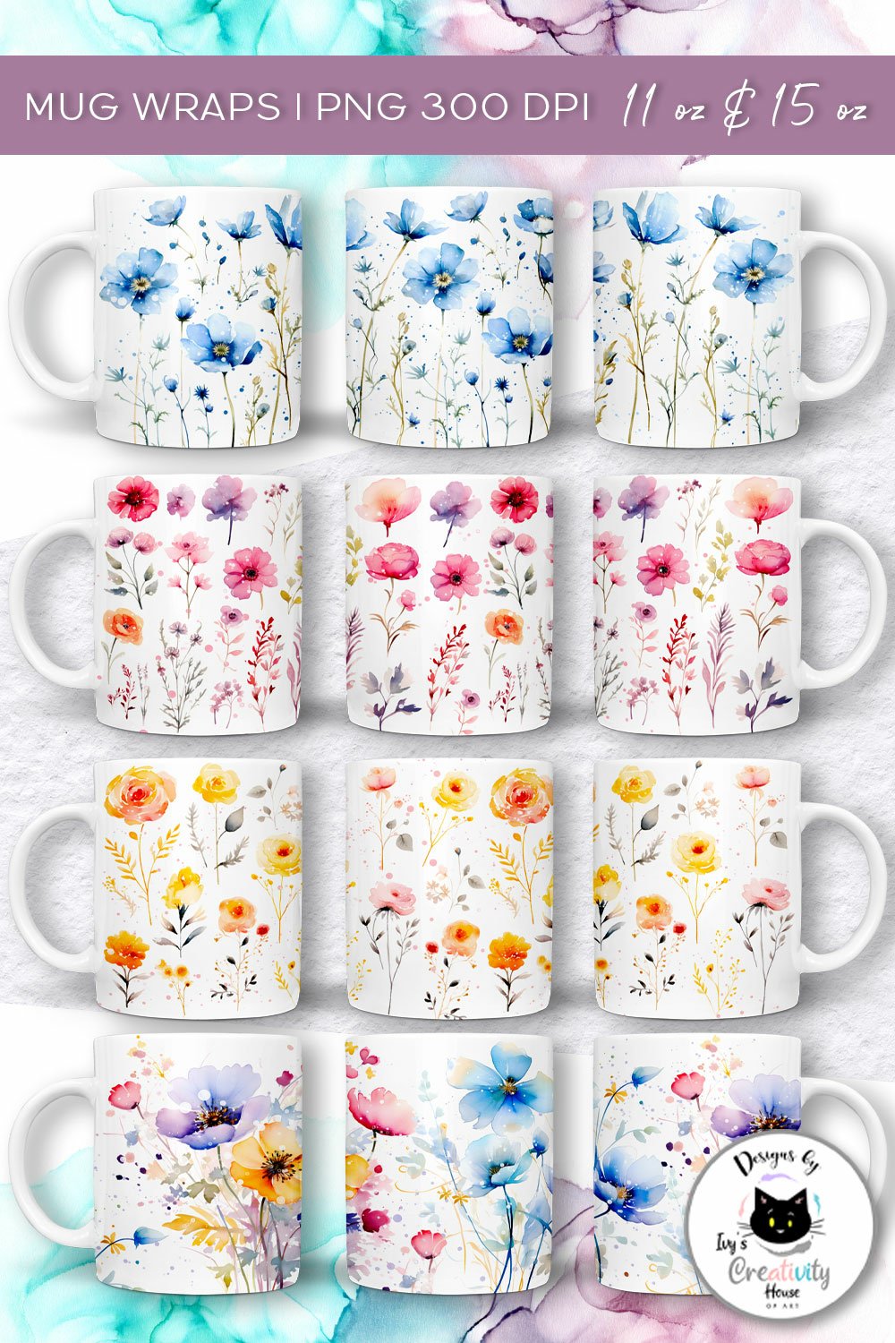 Watercolor Floral Mug Wraps | Spring Flower Mug Sublimation