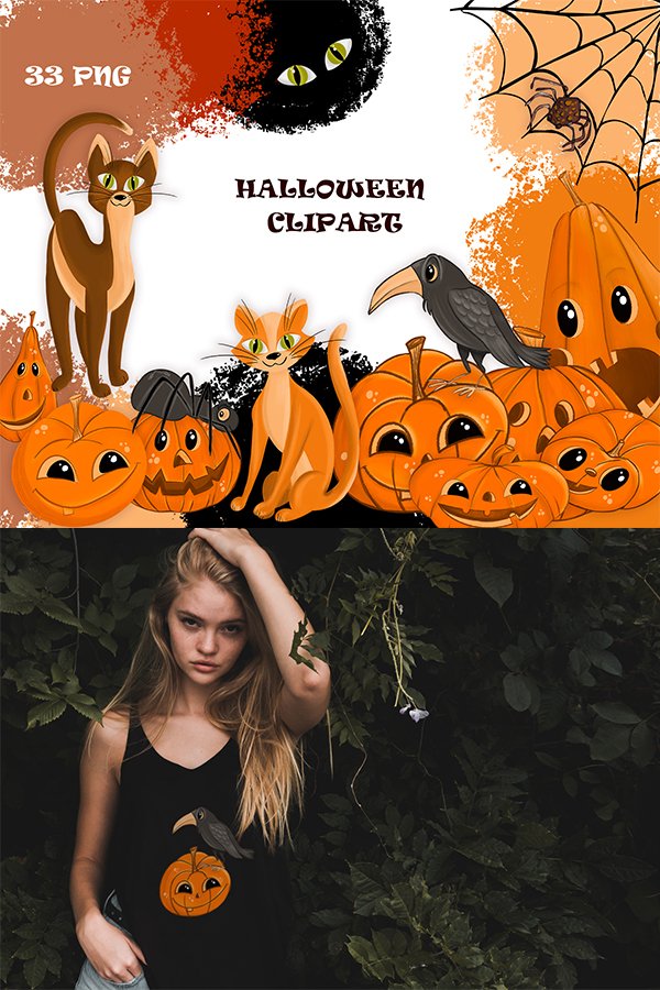 Halloween pumpkin head, cats, spiders and raven clipart