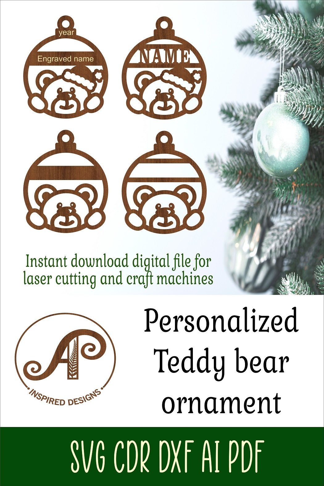 Teddy bear Christmas Ornaments, 2 designs SVG laser cut