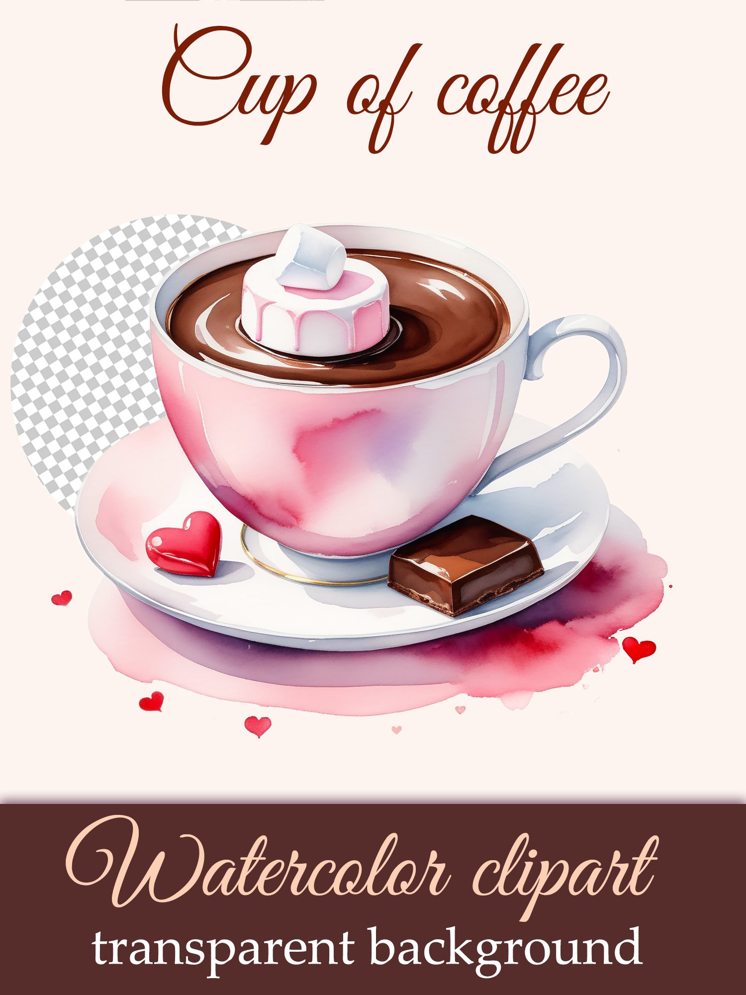 Watercolor Coffee Cup Clipart with Hearts Png file