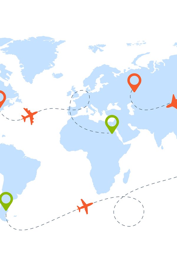 Aircraft route. Worldwide map with pictograms of planes and