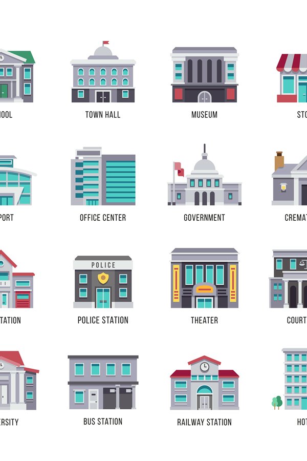 Government buildings vector flat icons set