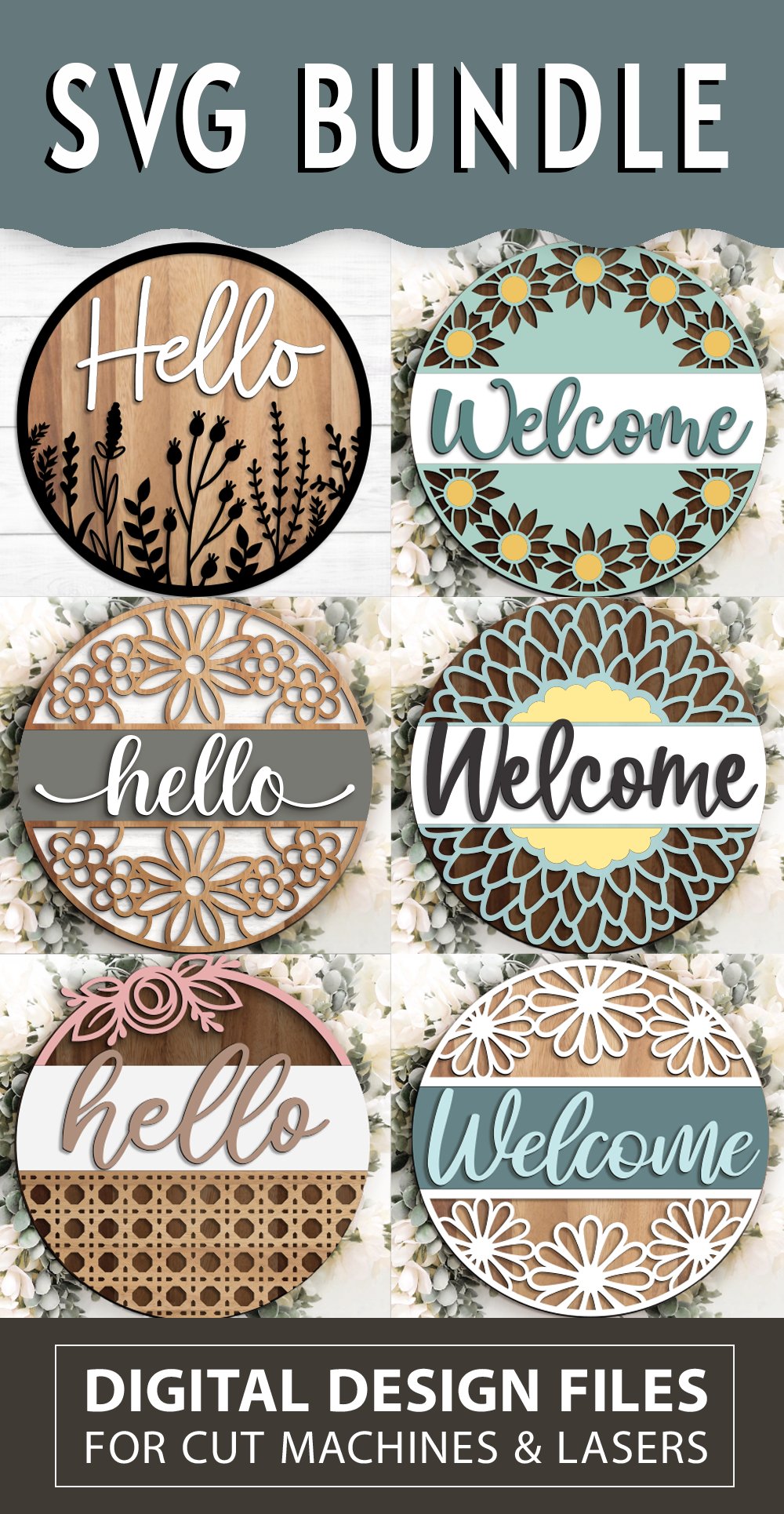 Floral Welcome Round Sign Bundle - SVG Laser Cut (2407288)