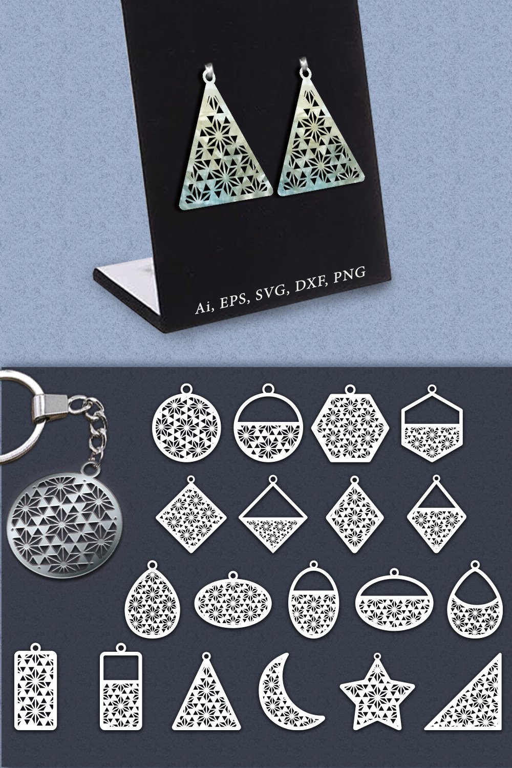 Hanging elements with geometric patterns.