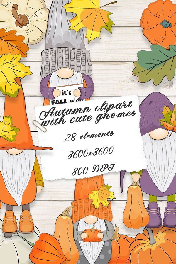 Autumn clipart with cute gnome. PNG.