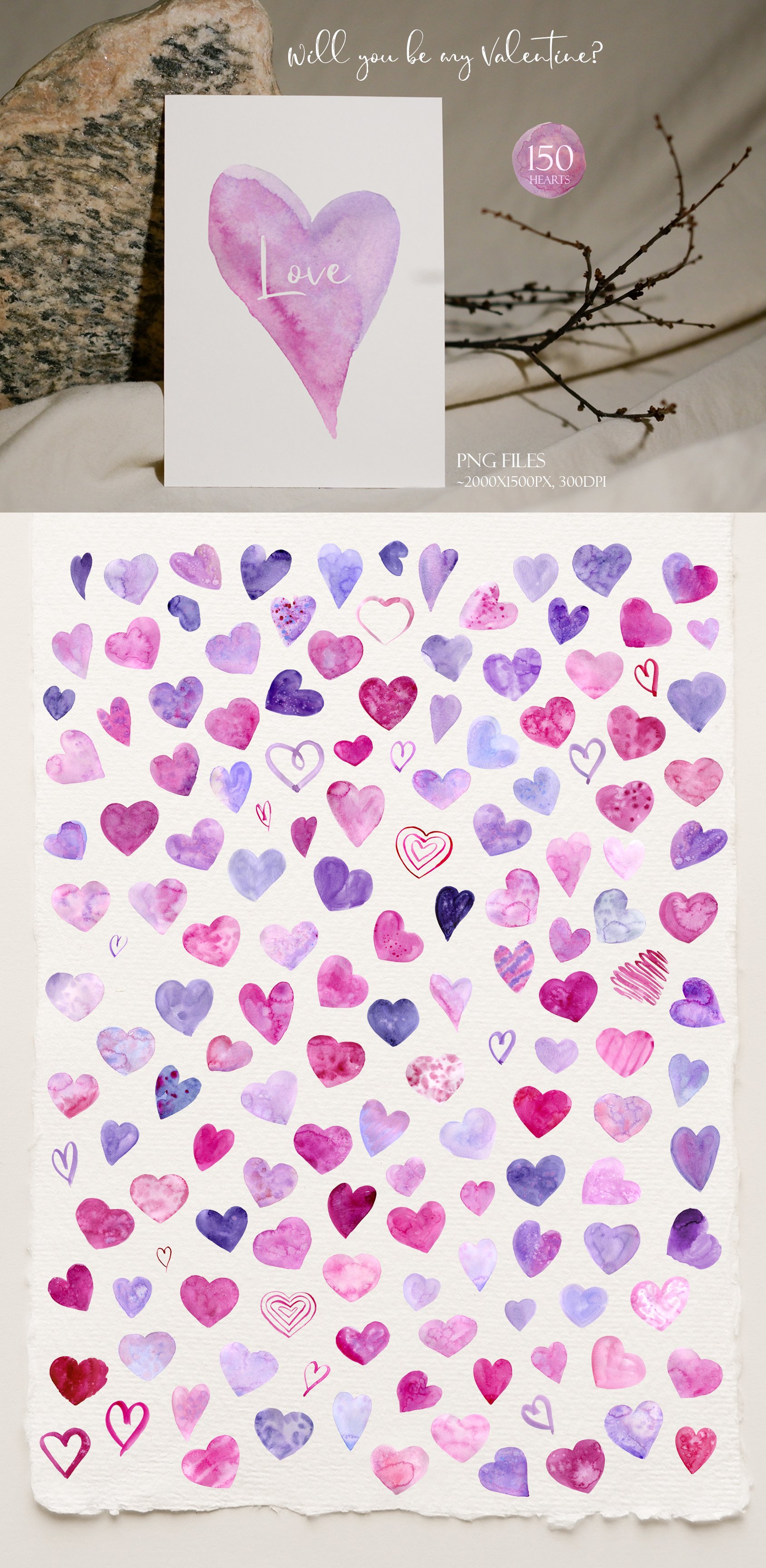 Watercolor Hearts Set Valentines Day