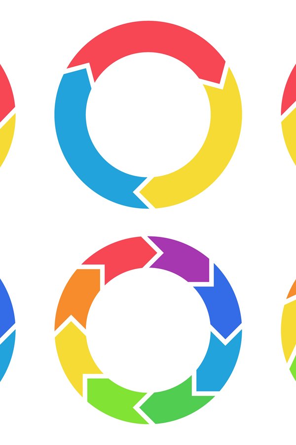 Colorful circle arrow charts. Multicolor spinning arrows, re