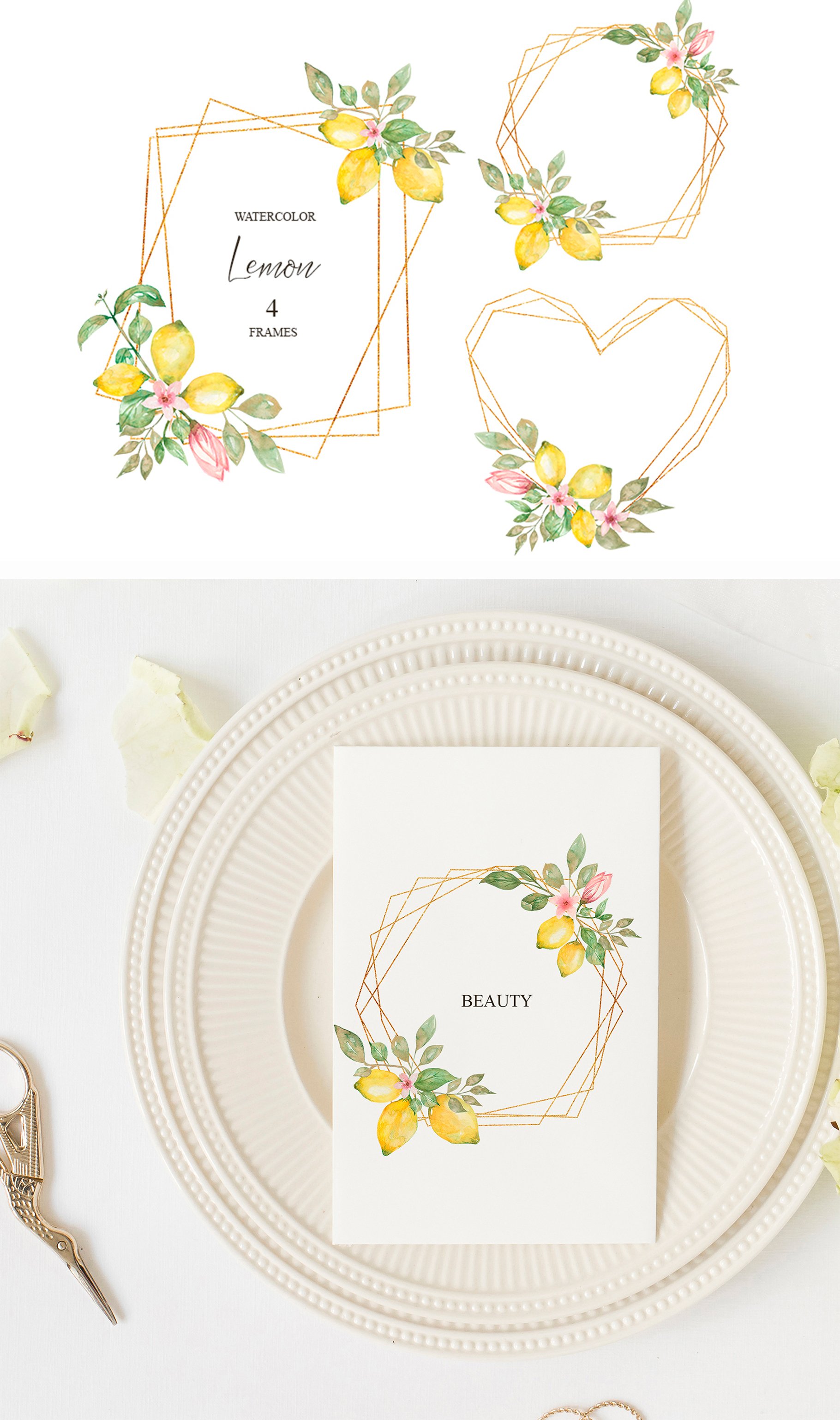 Watercolor Lemon frames set