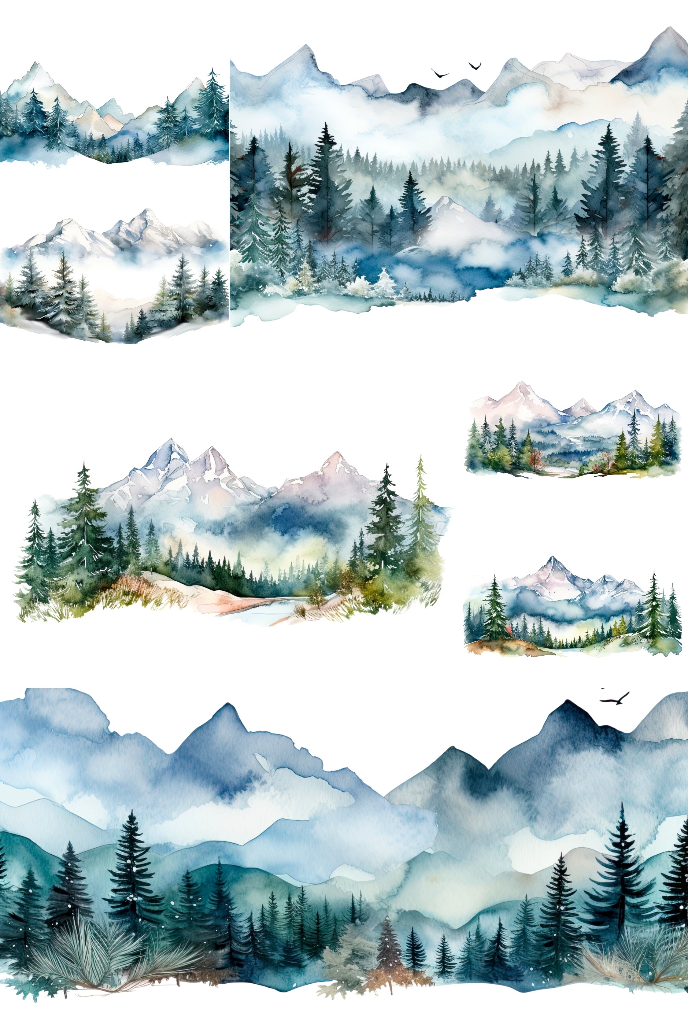 Watercolor Mountains Border Clipart