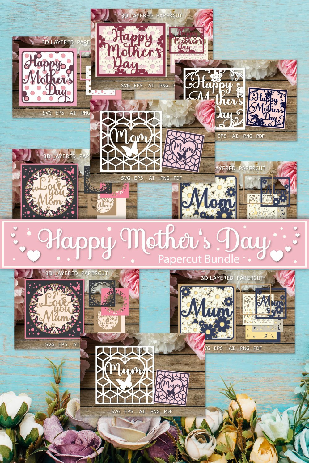 Happy Mother's Day paper cut cards Bundle, cards for Mom/Mum