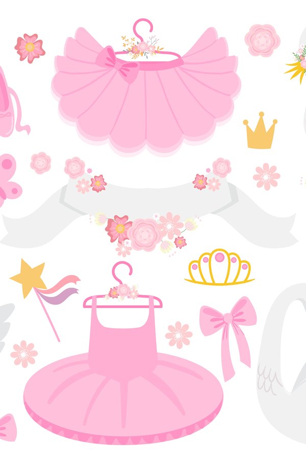 Cartoon ballet shoe, clothing, dancing ballerinas and swans.