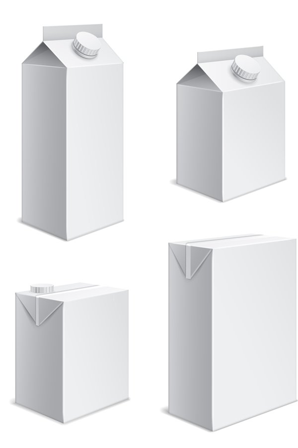 Boxes milk and juice. Realistic white cardboard packaging fo