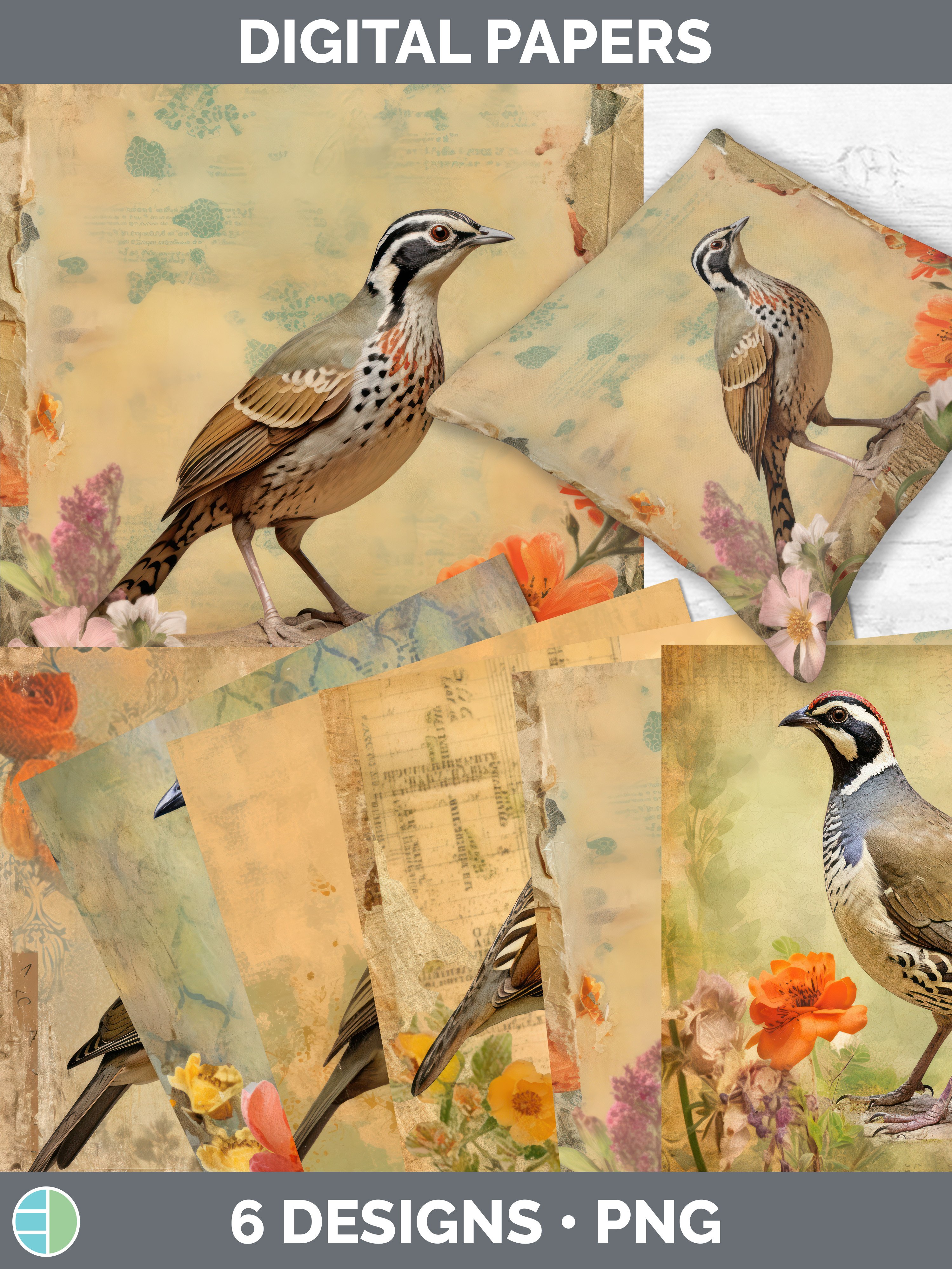 Vintage Quail Bird Paper Backgrounds | Digital Scrapbook Pap