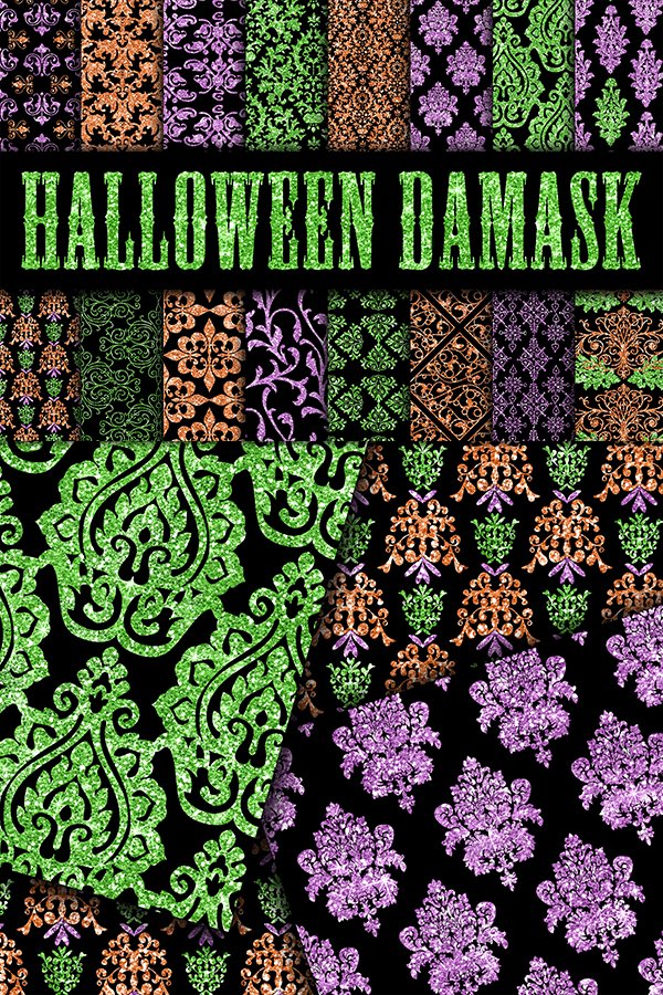 Halloween Glitter Damask Digital Paper Textures (353466)