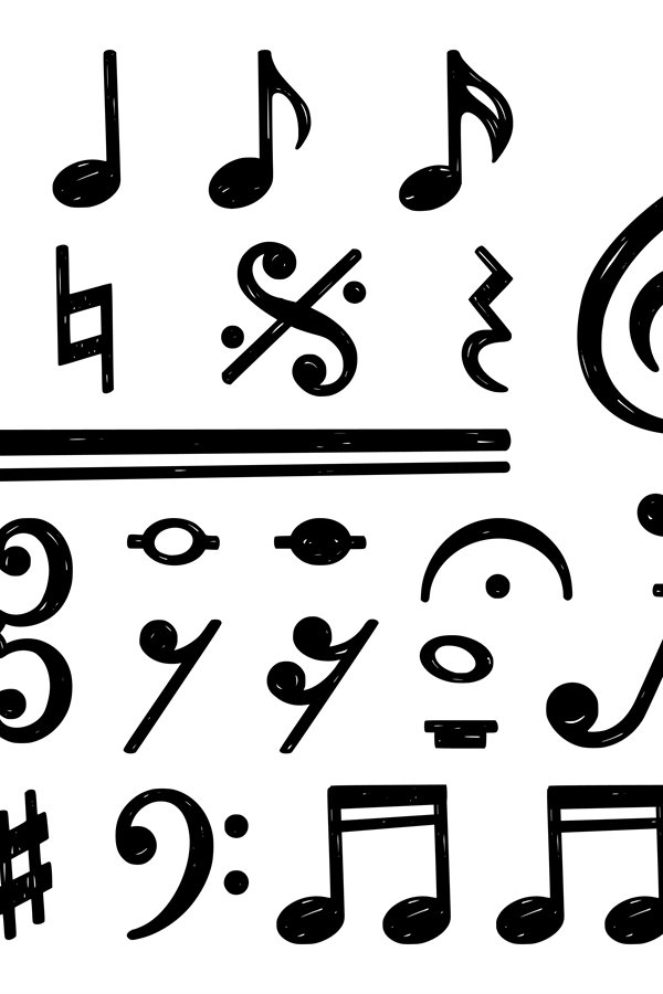 Black music notes. Doodle note, musical key or clef. Tune or