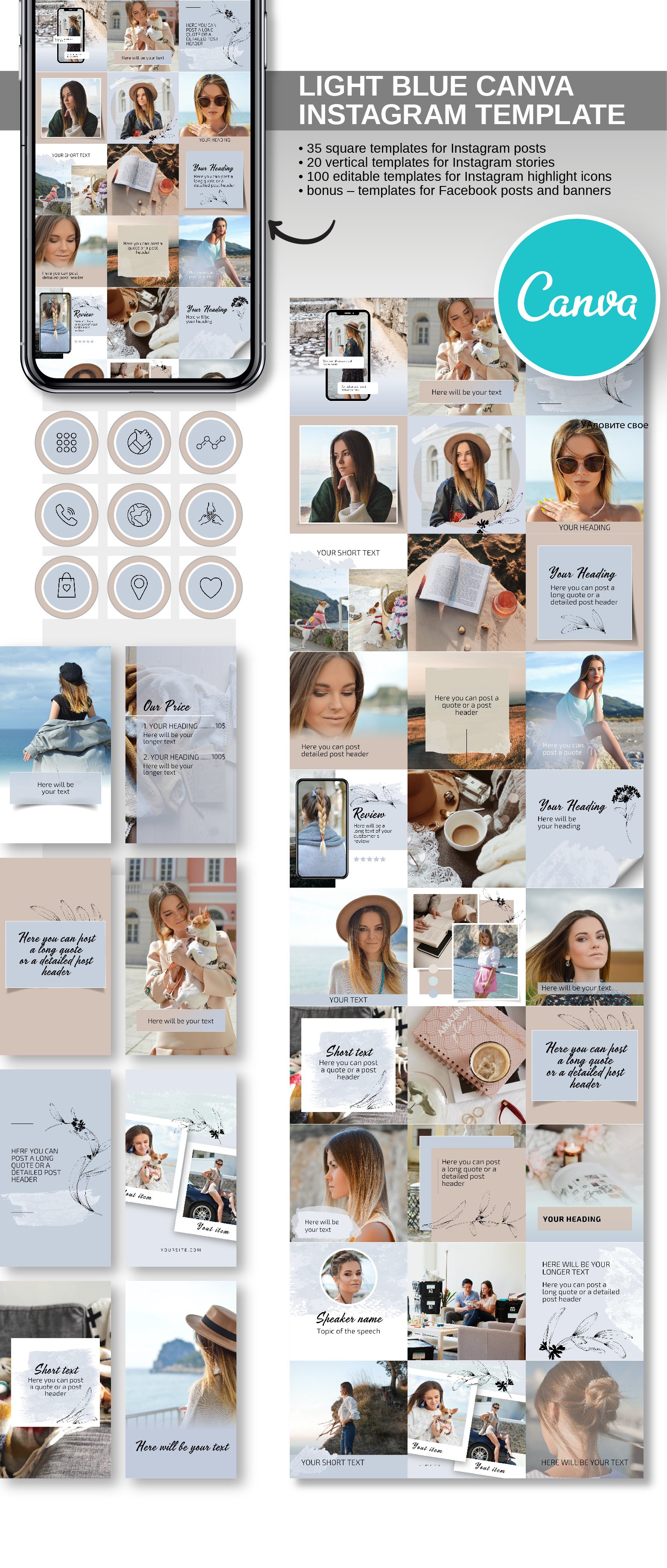 Blue and Beige CANVA Template for Instagram icons, stories
