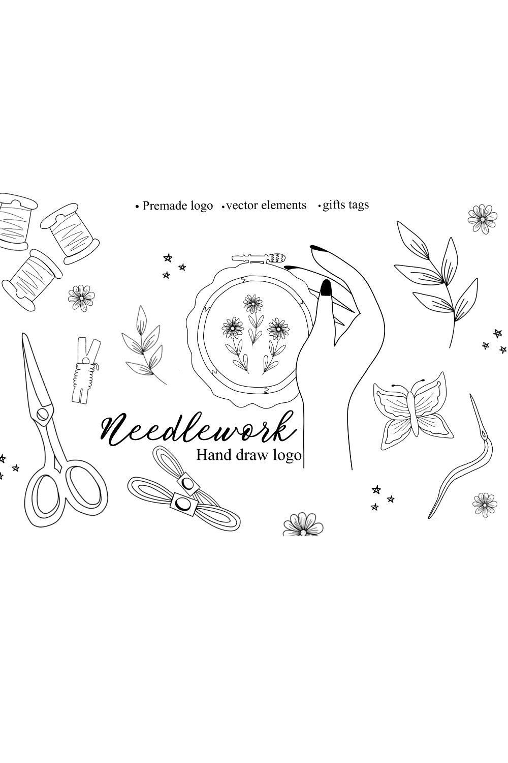 Needlework Floral logo. Black and white symbol of Embroidery