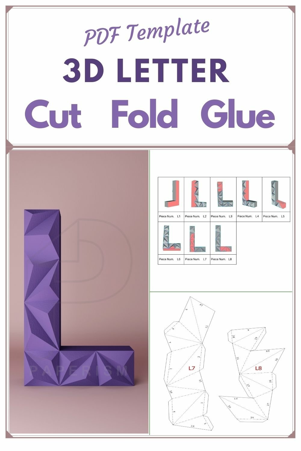 L Letter Papercraft, 3d Alphabet, DIY pdf template, low poly