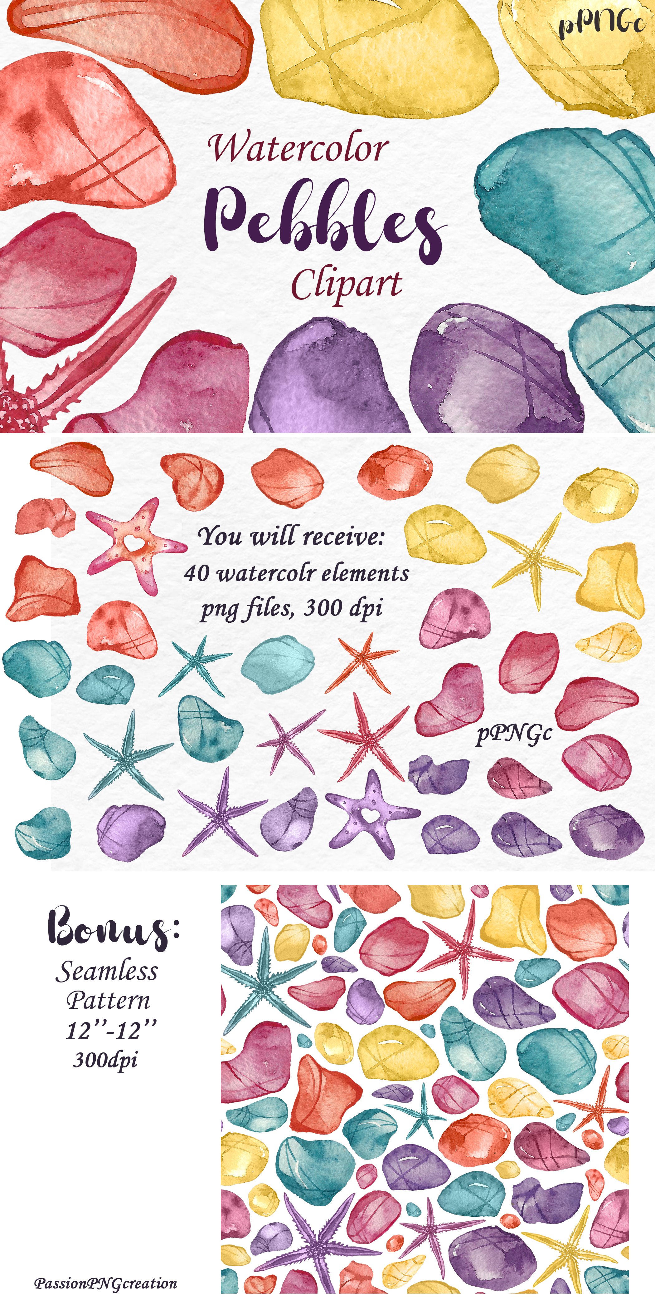 Watercolor pebbles Clipart Illustration, Watercolor Stones