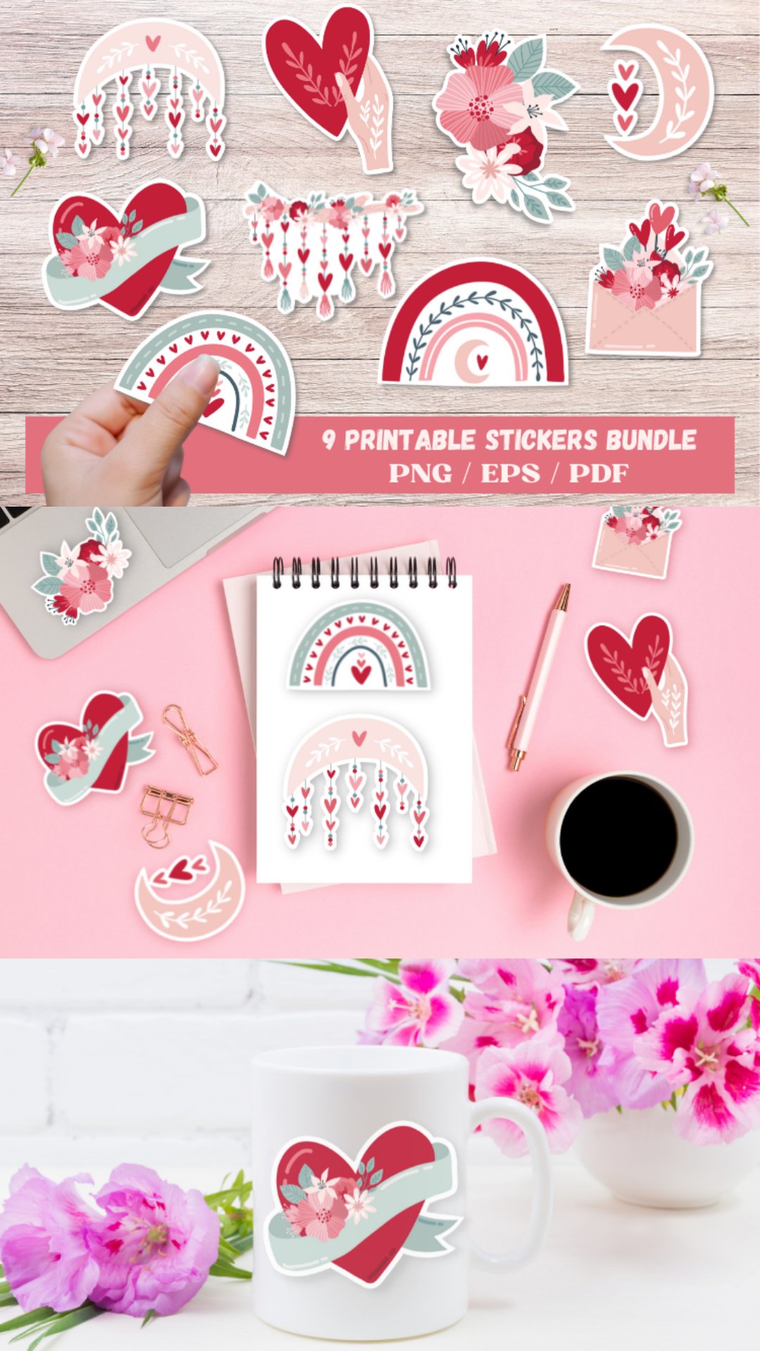 Valentine's Day Sticker Bundle, Printable Stickers love png